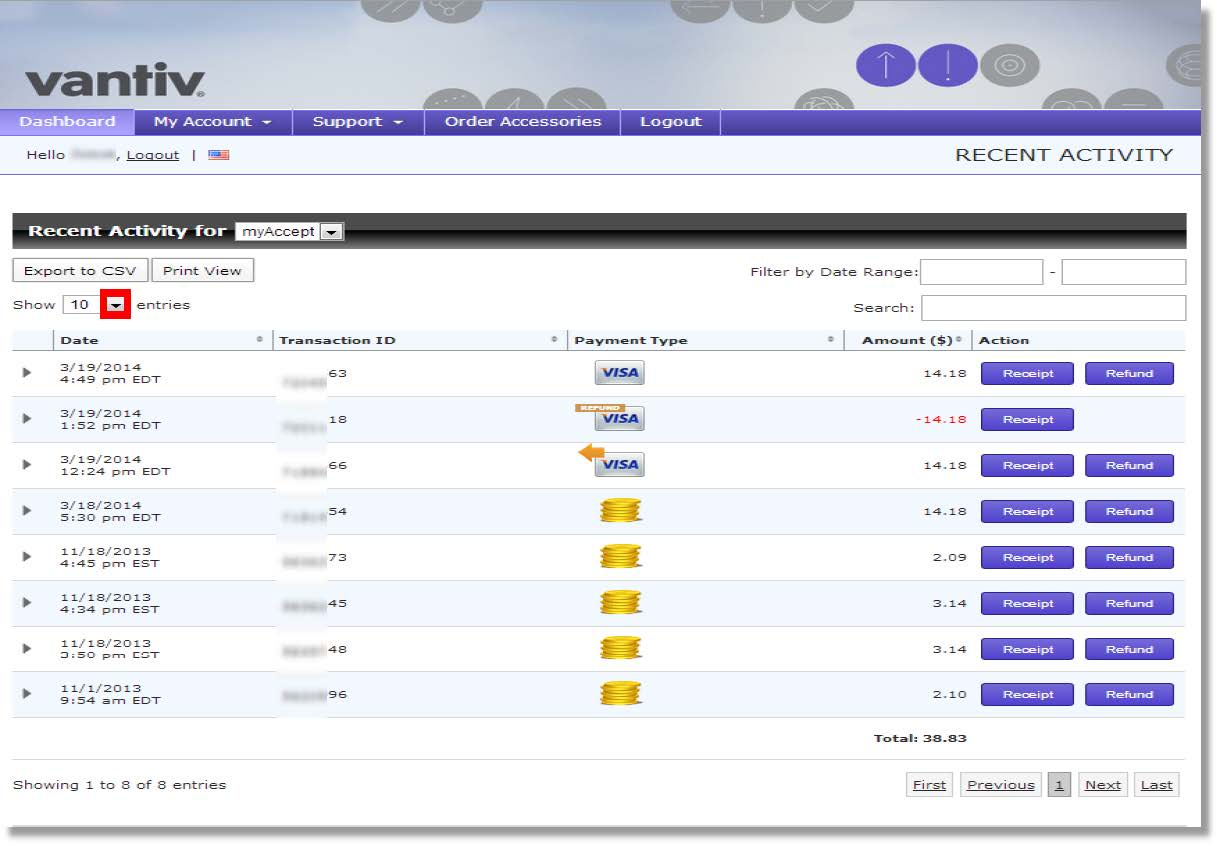 View your Vantiv Mobile Accept sale history using the web interface - Asecare